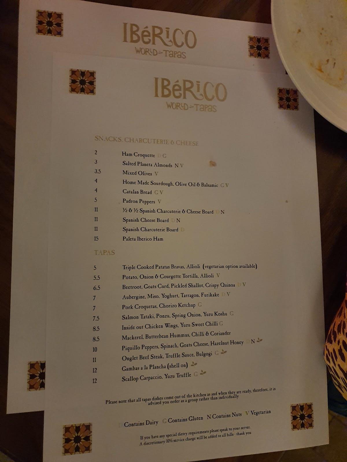 Menu at Iberico World Tapas restaurant, Nottingham