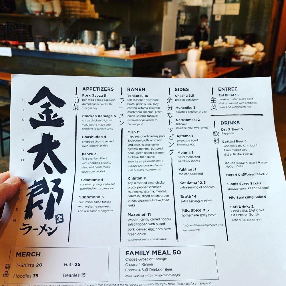 Menu at Kintaro Ramen restaurant, Arlington