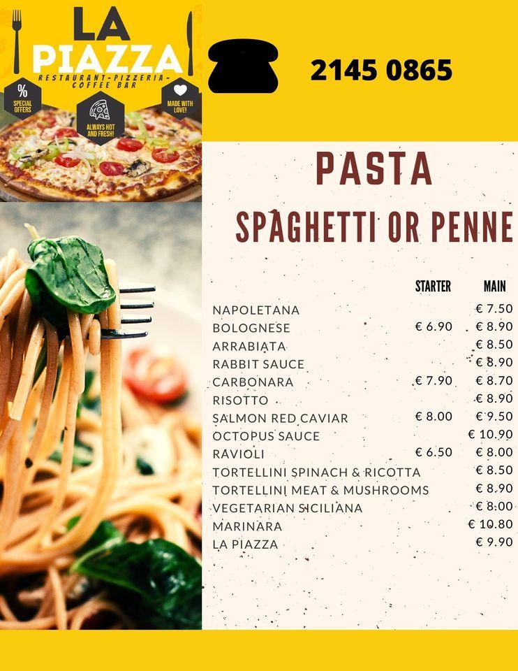 Menu at La Piazza cafe, Rabat