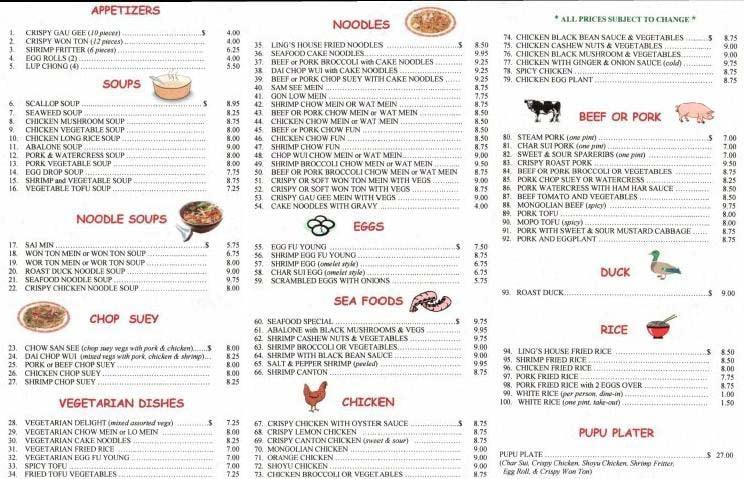 Menu at Ling's Chop Suey House restaurant, Hilo, Kanoelehua Ave