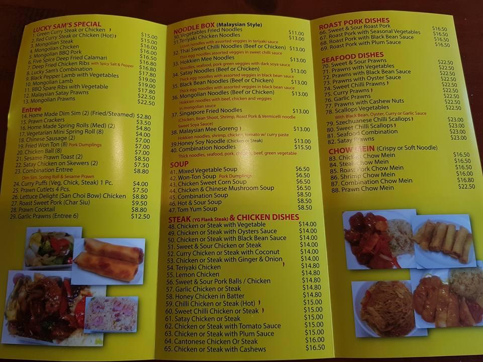 Menu at Lucky Sam's restaurant, Broadford