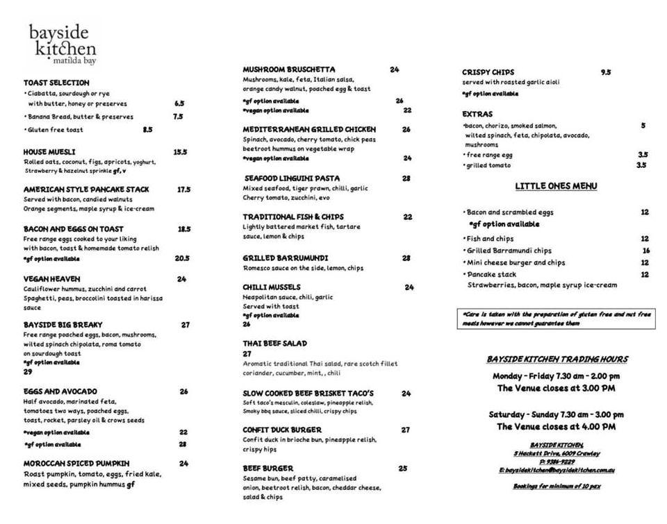 Menu at Matilda Bay BBQ, Perth