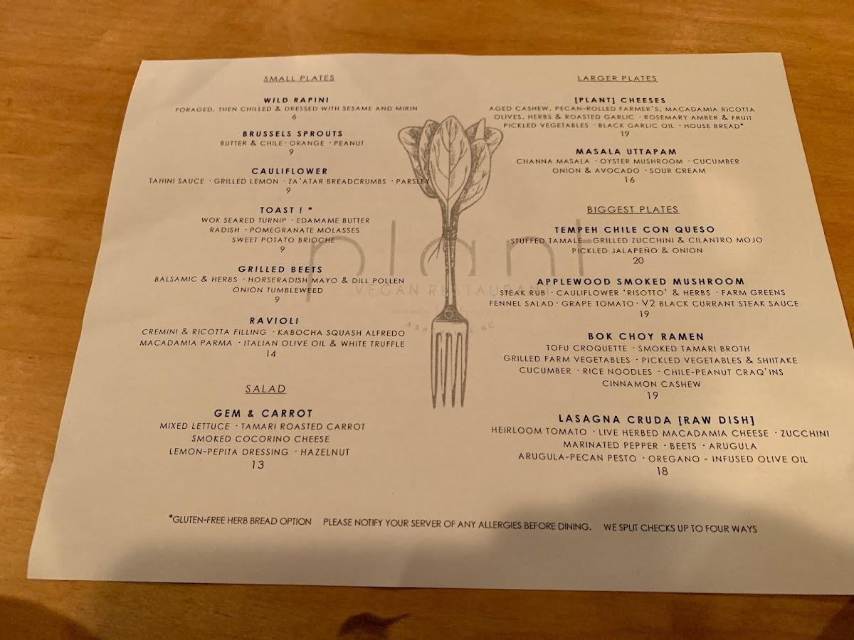 Menu at plant restaurant, Asheville