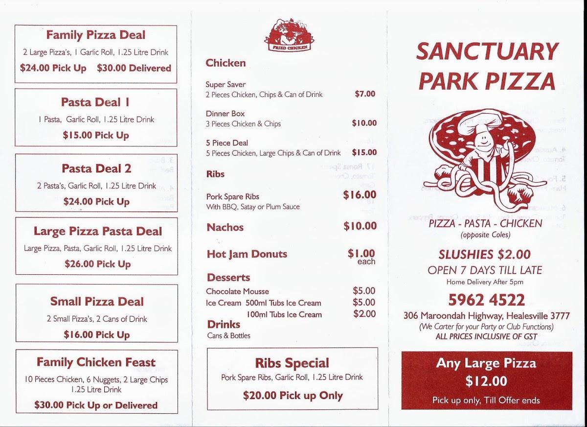Menu at Sanctuary Park Pizza Pasta pizzeria, Healesville