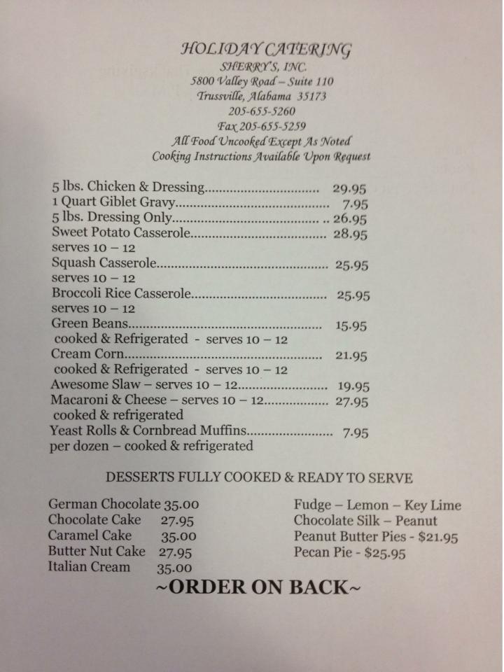Menu at Sherry's Cafe Cakes & Catering, Trussville, Valley Rd Suite 110