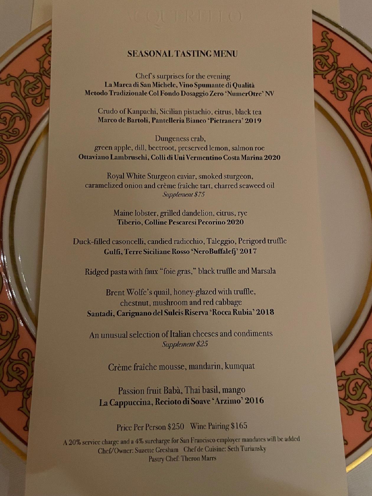 Menu at Acquerello pub & bar, San Francisco