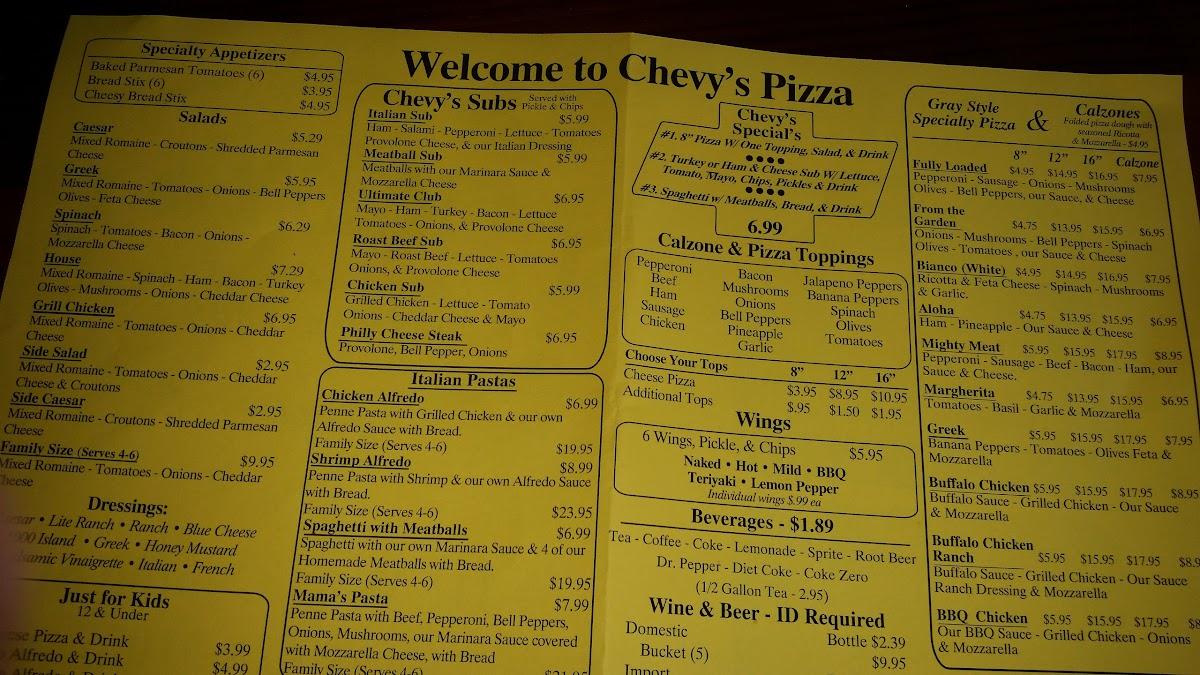 Menu at Chevy's Pizza pizzeria, Gray