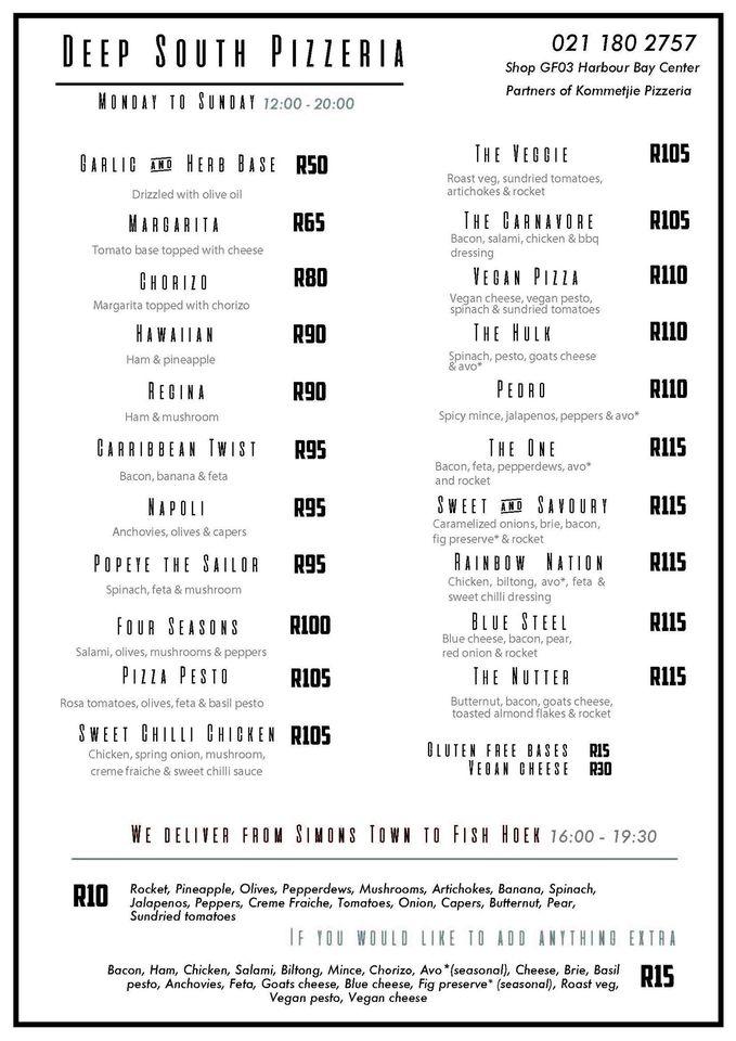 Menu at Deep South Pizzeria, Cape Town
