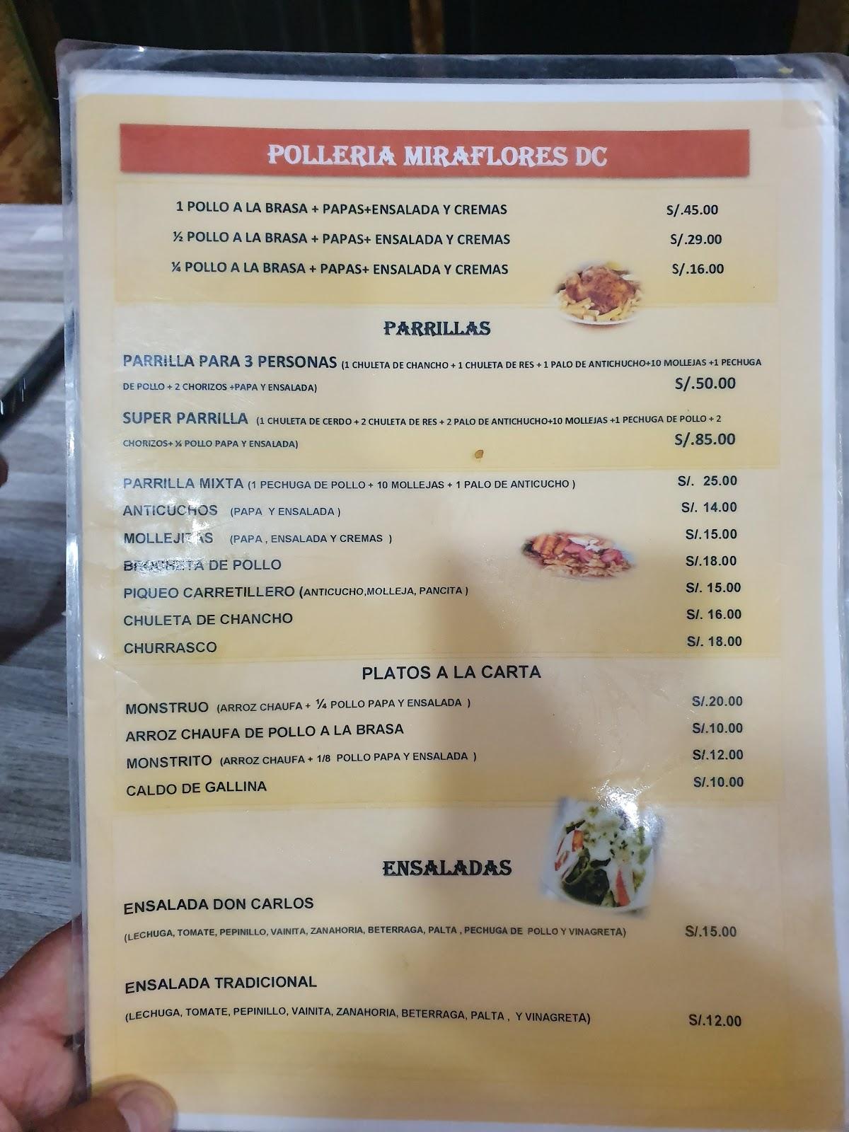 Menu at Don Carlos Miraflores restaurant, Piura, Cayetano Heredia 335