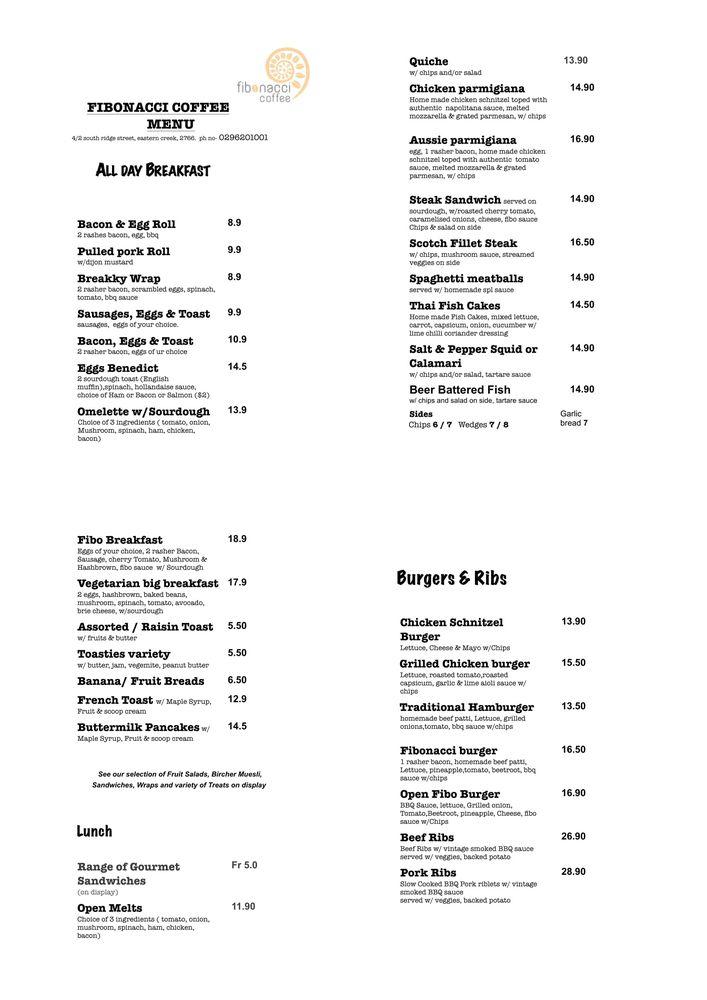 Menu at Fibonacci Coffee (Eastern Creek) Southridge House cafe, Eastern ...