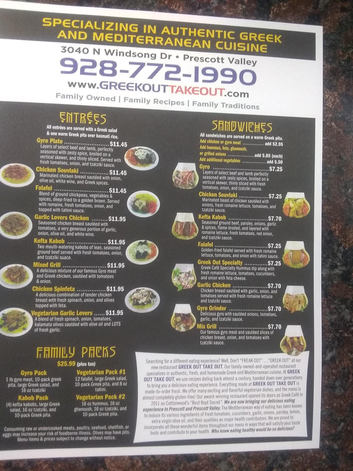 Menu at Greek Out Take-Out restaurant, Prescott Valley