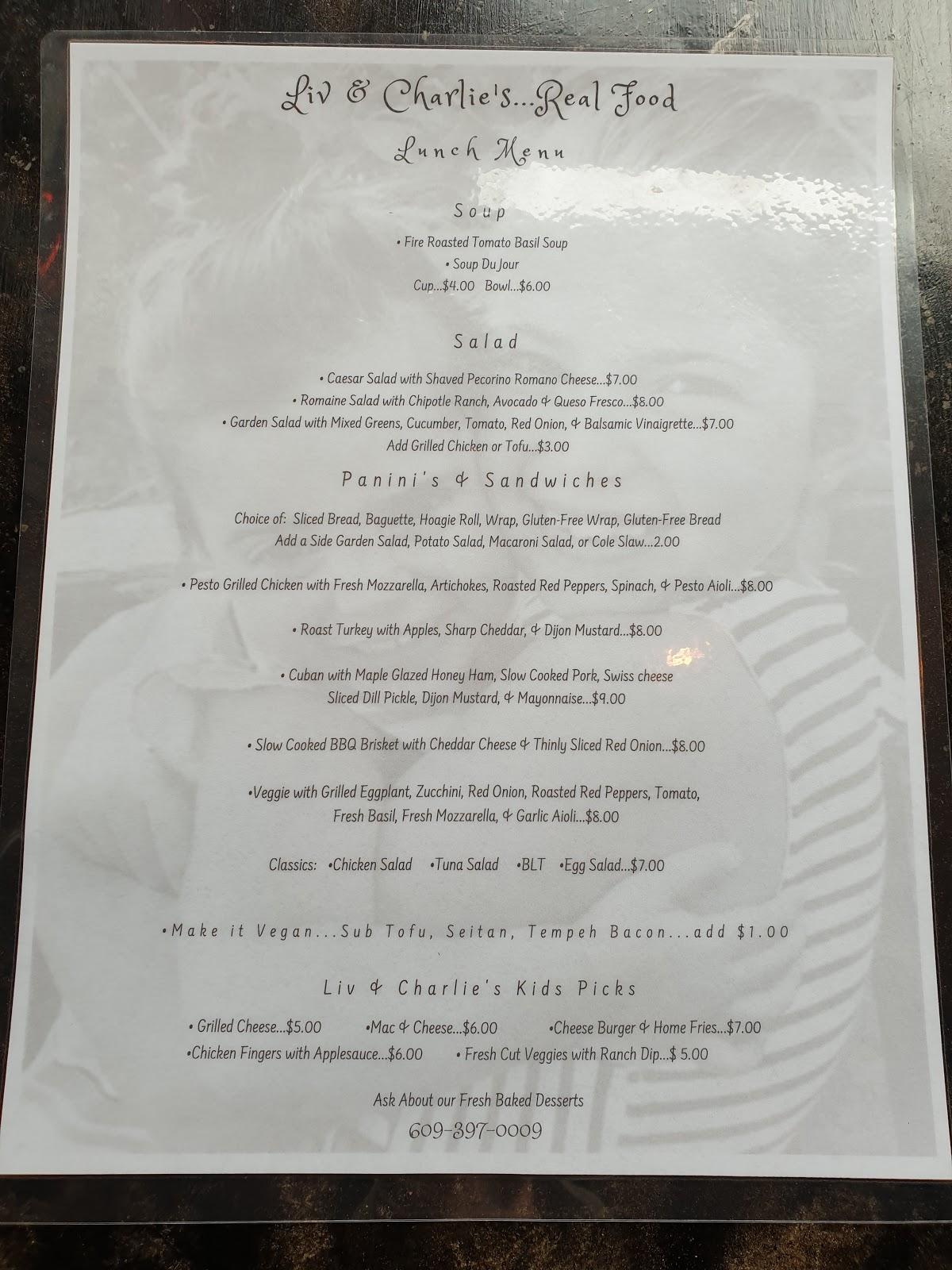 Menu at Liv & Charlie's...Real Food restaurant, Lambertville