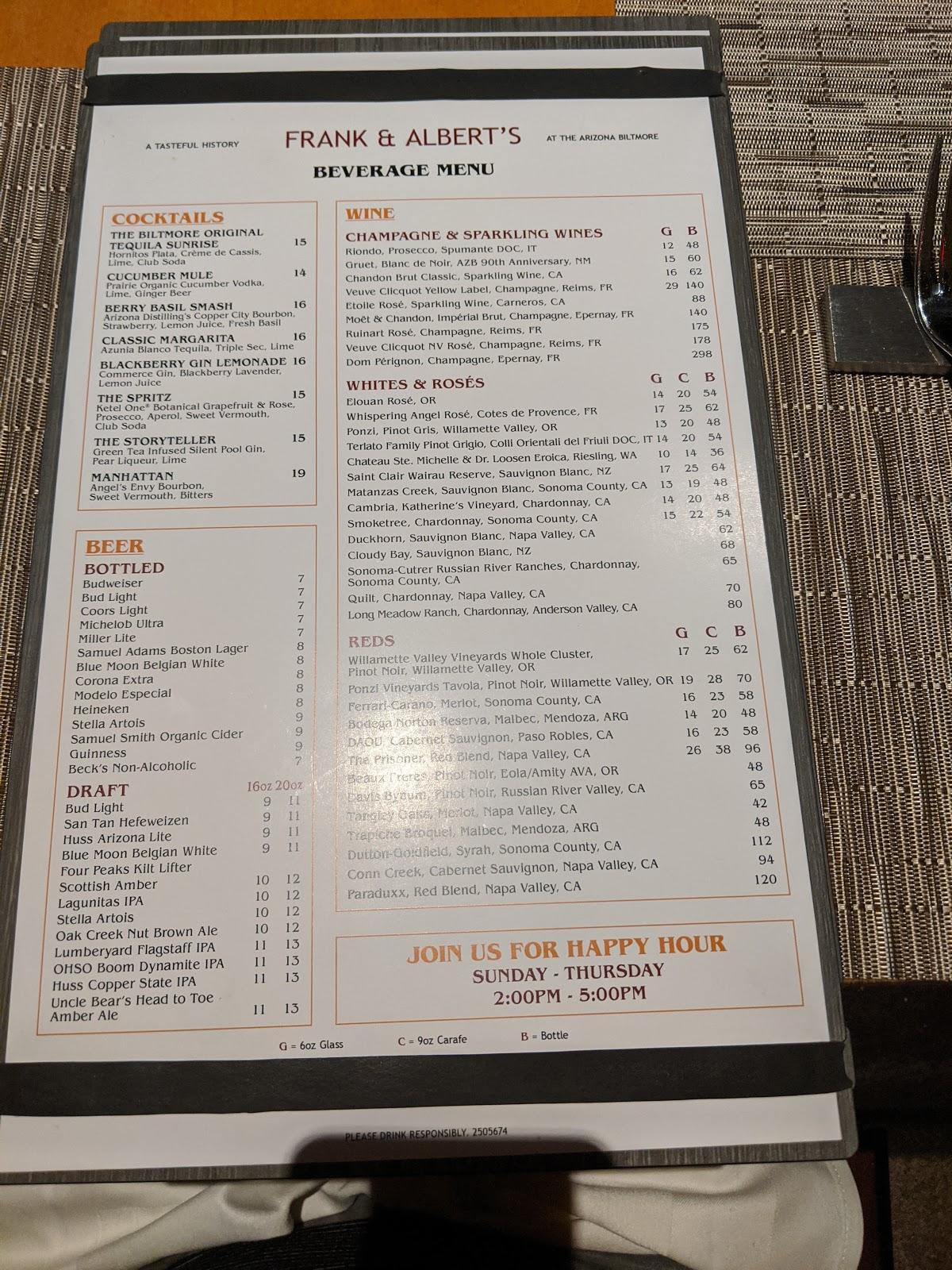 Menu at McArthur's restaurant, Phoenix