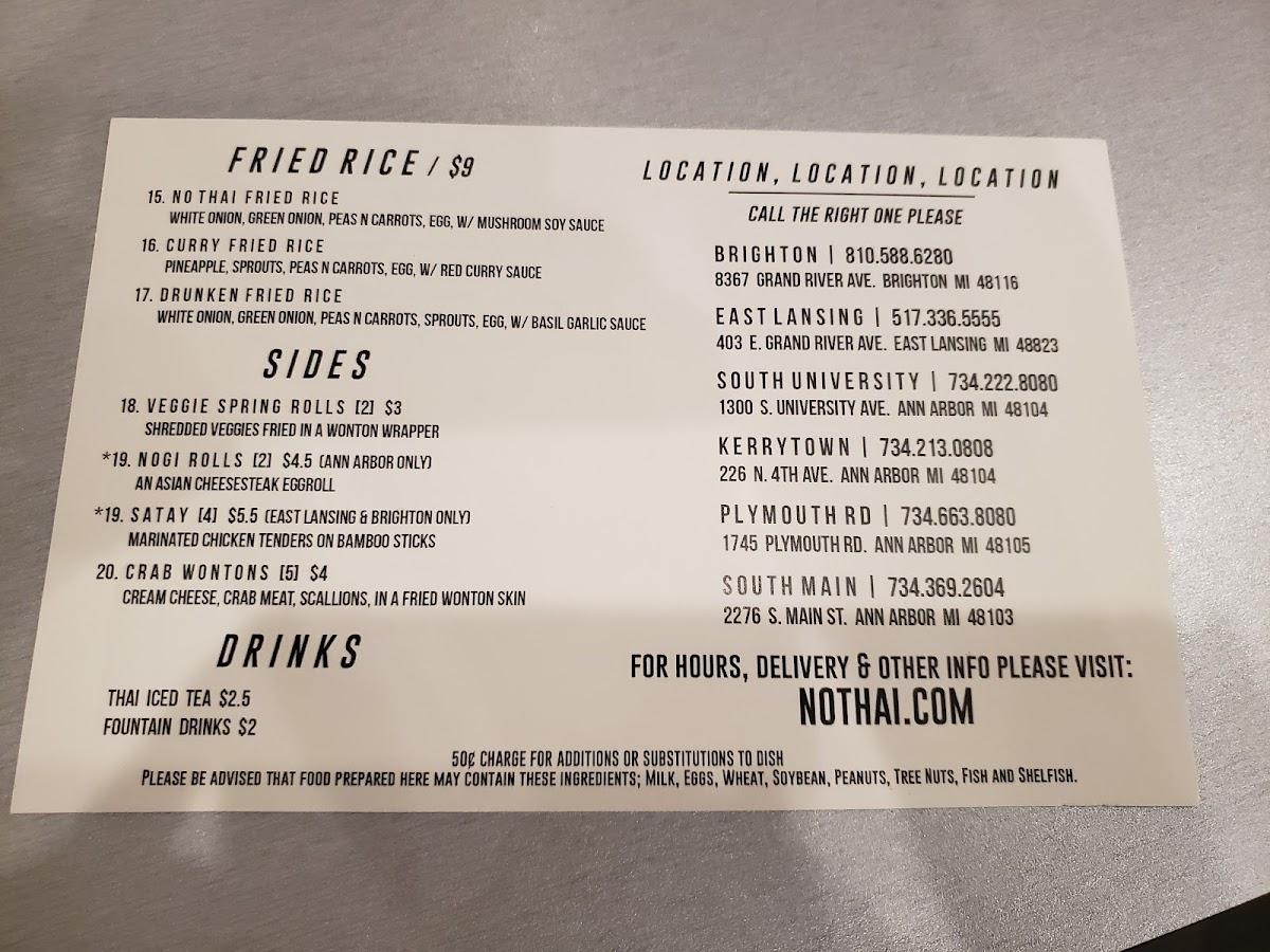 Menu at No Thai! Brighton restaurant, Brighton