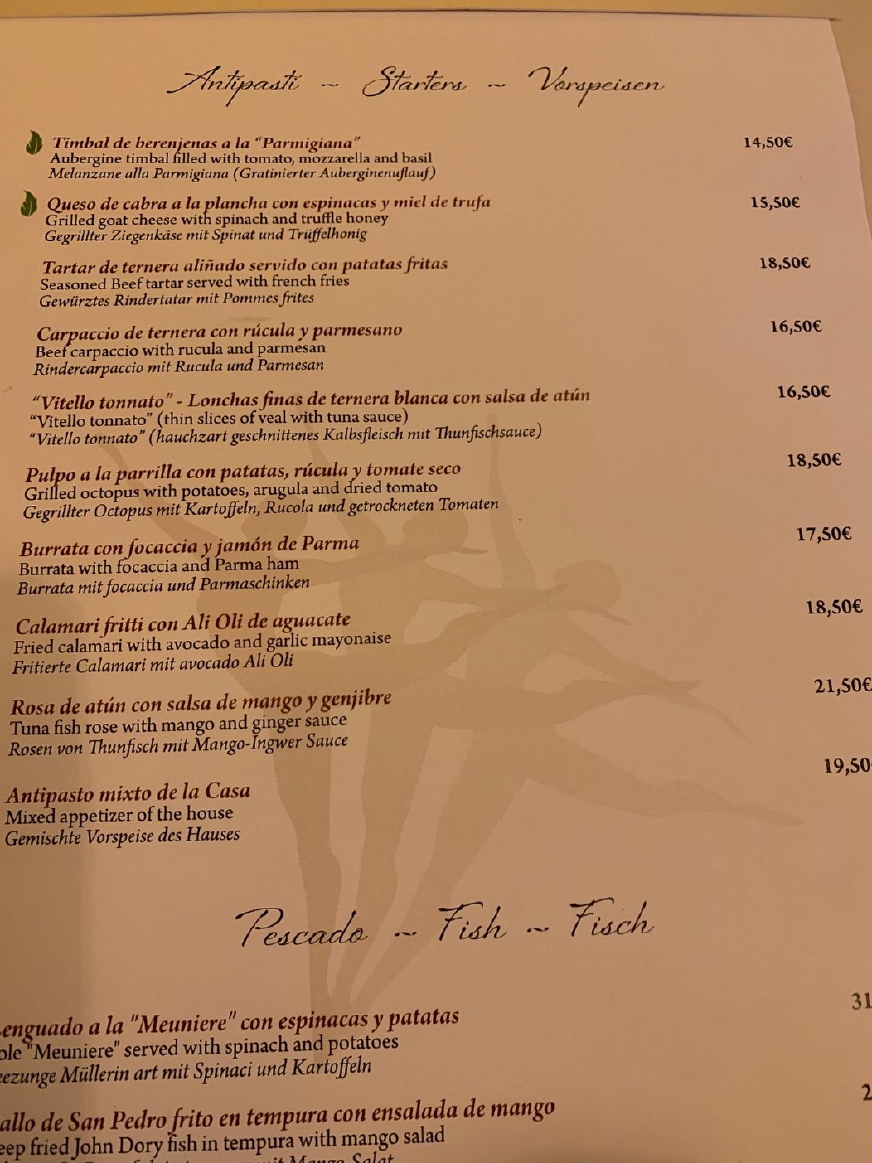 Menu at Ritzi Palma restaurant, Palma