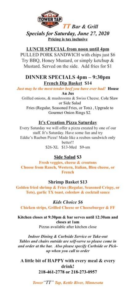 Menu at "TT" Tower Tap Full Bar & Restaurant, Kettle River