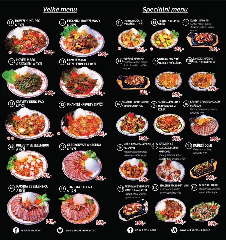 Menu at Akira Asian Cuisine restaurant, Prague