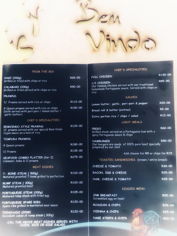 Menu at Bem Vindo Portuguese Restaurant, Pretoria