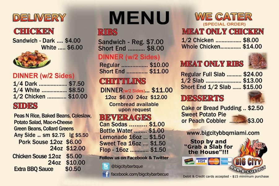Menu at Big City Barbecue, Miami