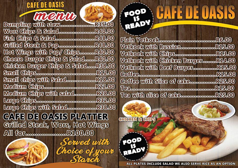 Menu at Cafe de Oasis, Johannesburg South