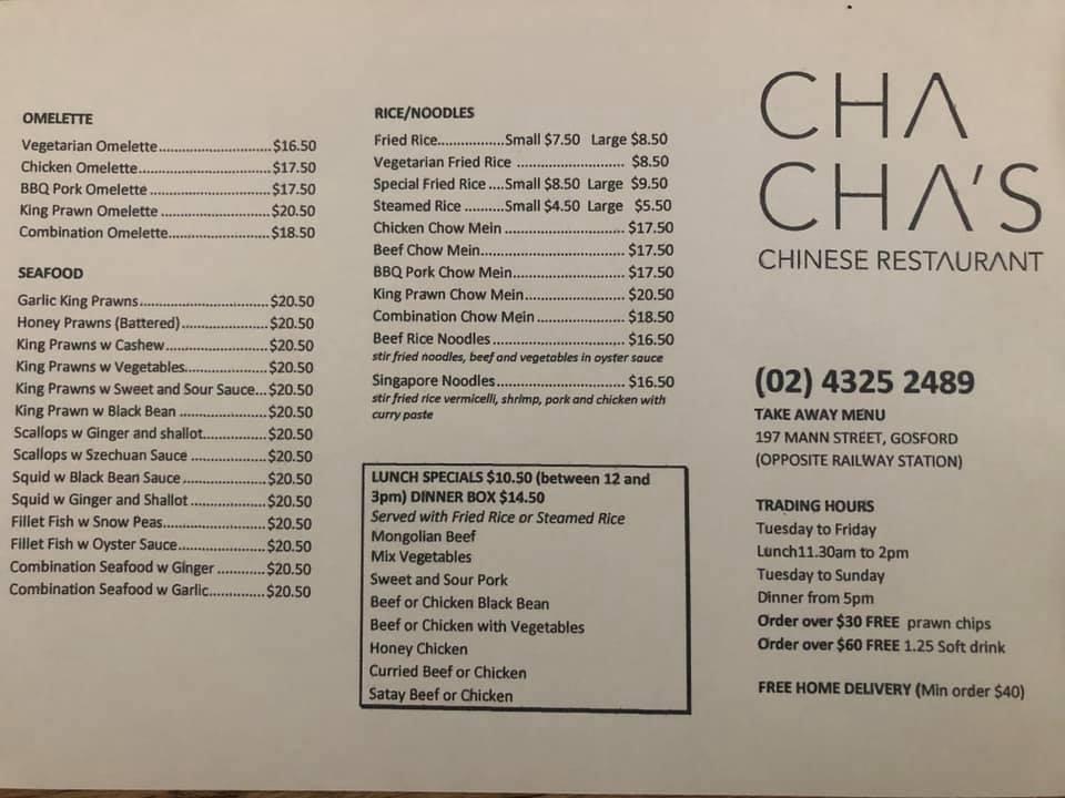 Menu at Cha Cha's Chinese Restaurant, Gosford