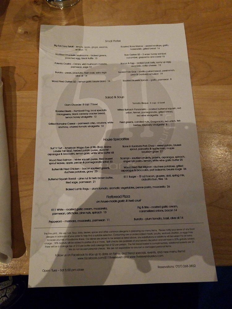 Menu at Five Eleven pub & bar, Eureka