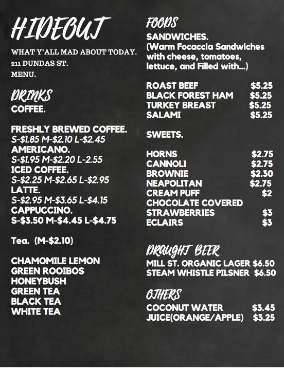 Menu at Hideout cafe, London
