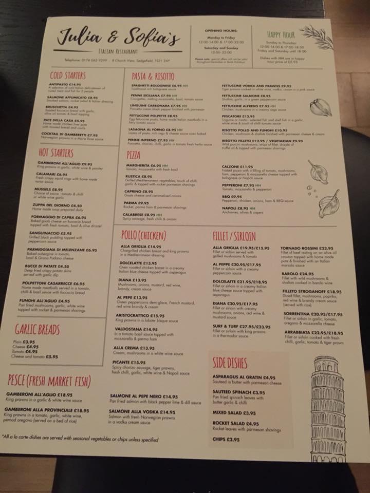 Menu at Julia & Sofia's Italian restaurant, Sedgefield