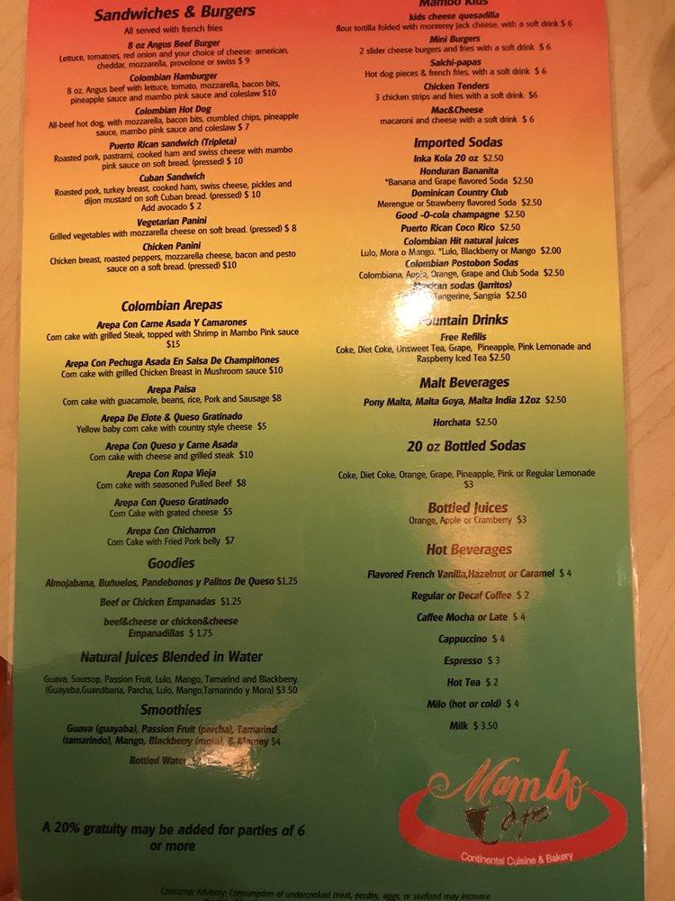 Menu at Mambo Café cafe, Pleasantville
