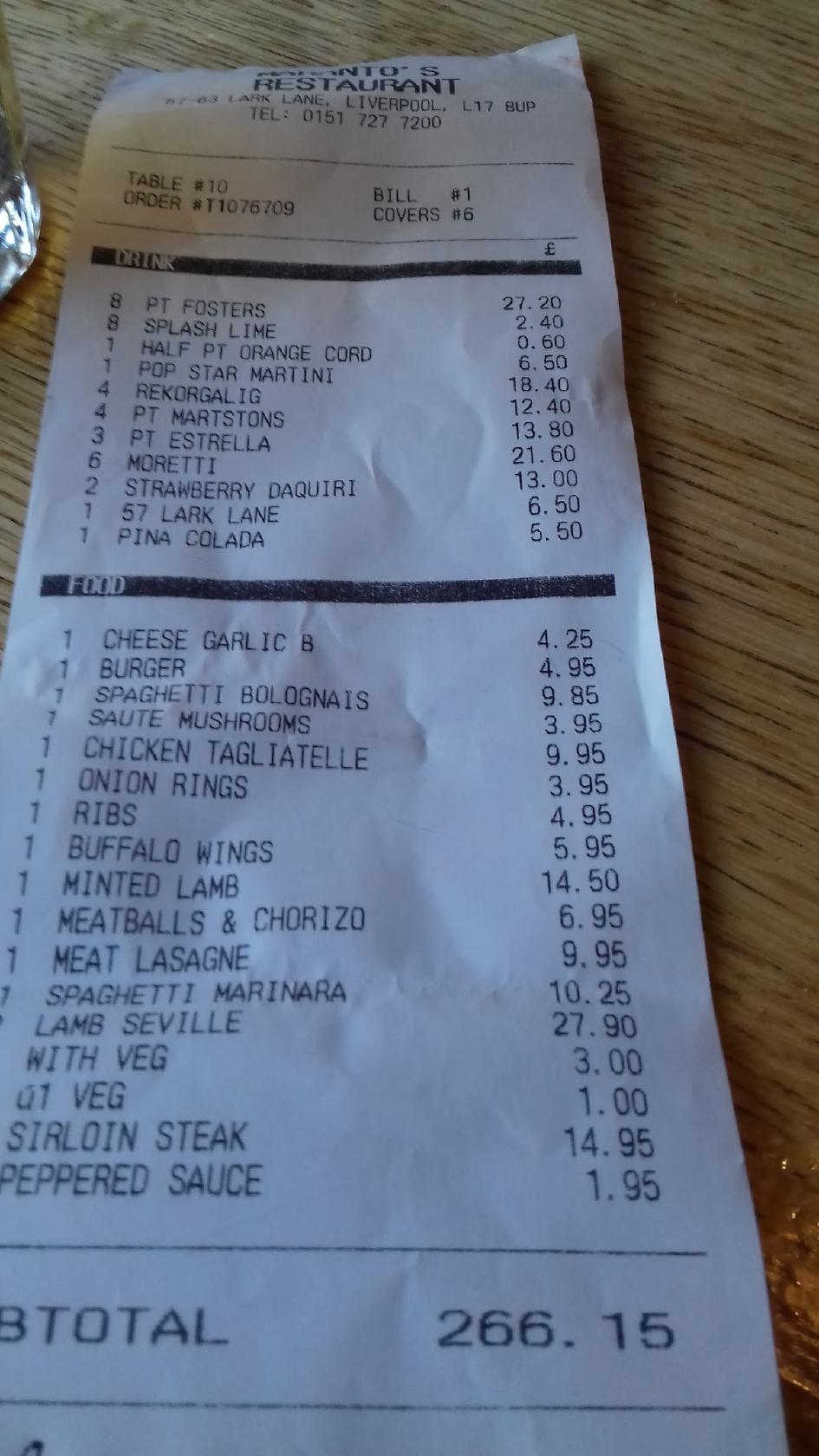 Menu at Maranto's pub & bar, Liverpool