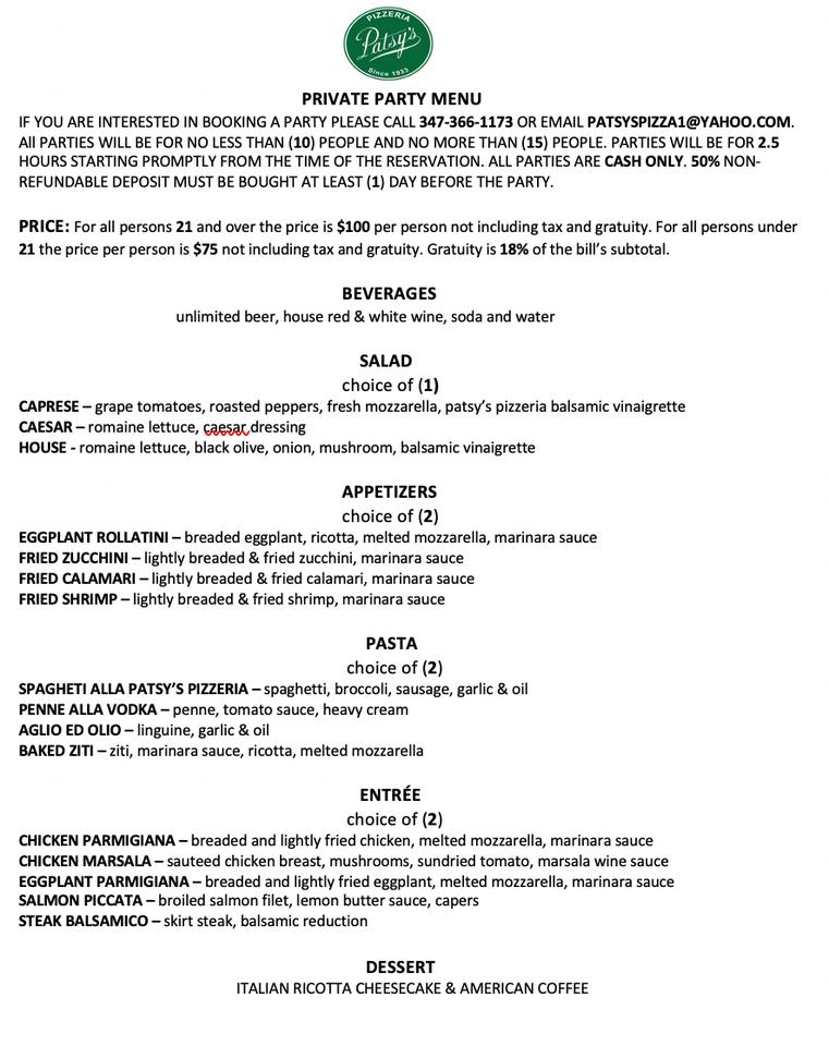 Menu at Patsy's Pizzeria, New York City, 2287 1st Ave.