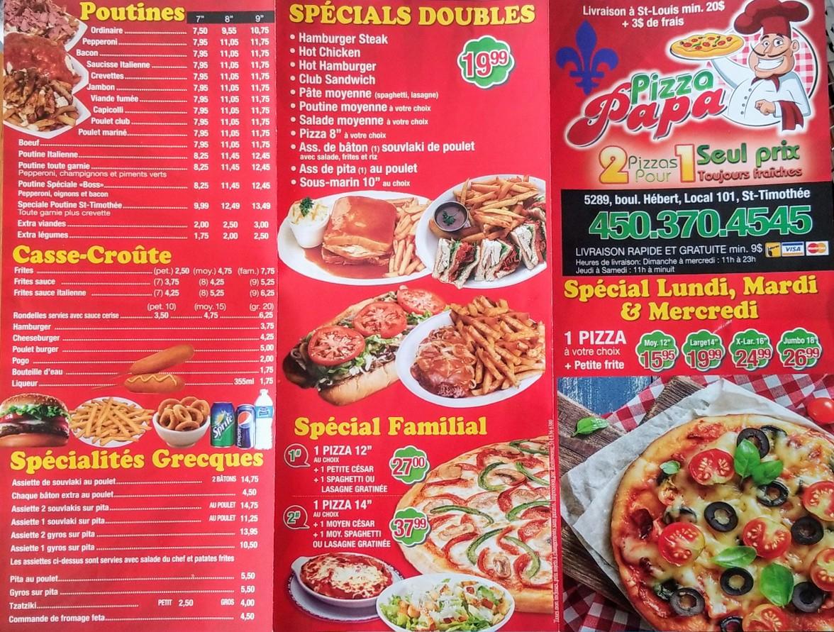 Menu au Papa Pizza restaurant, Salaberry-de-Valleyfield