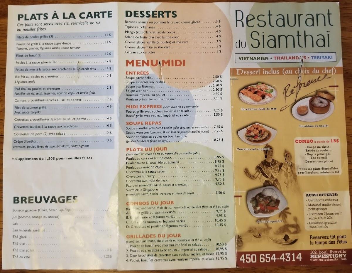 Menu at Restaurant du Siam Thai, Repentigny