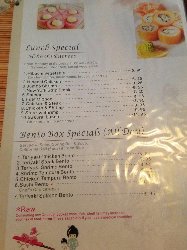 Menu at Sakura restaurant, Houma