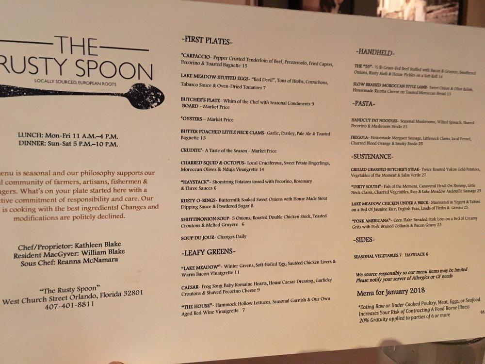 Menu at The Rusty Spoon restaurant, Orlando