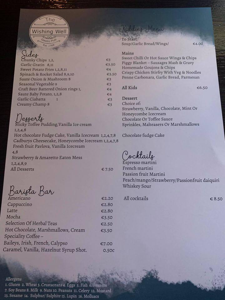 Menu at The Wishing Well - Bar and restaurant, Kingscourt, Main St