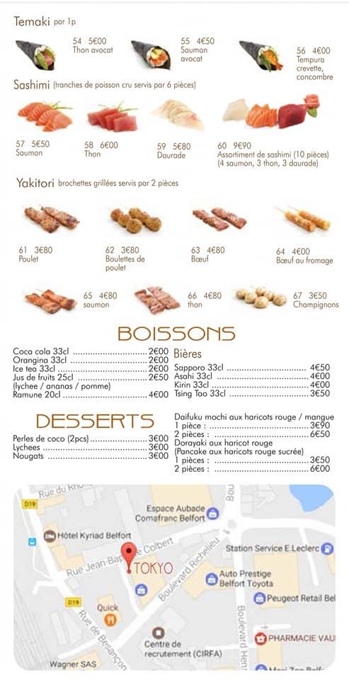Menu au Tokyo restaurant, Belfort, 59 Rue de Besançon