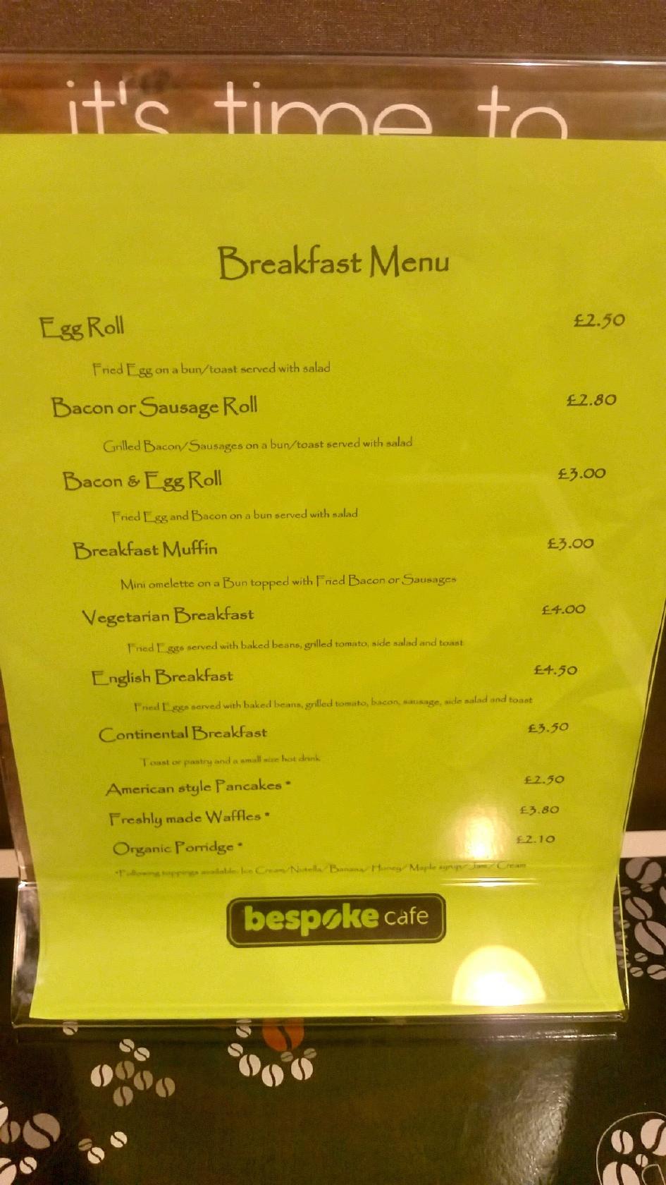 Carta de Bespoke Café, Londres