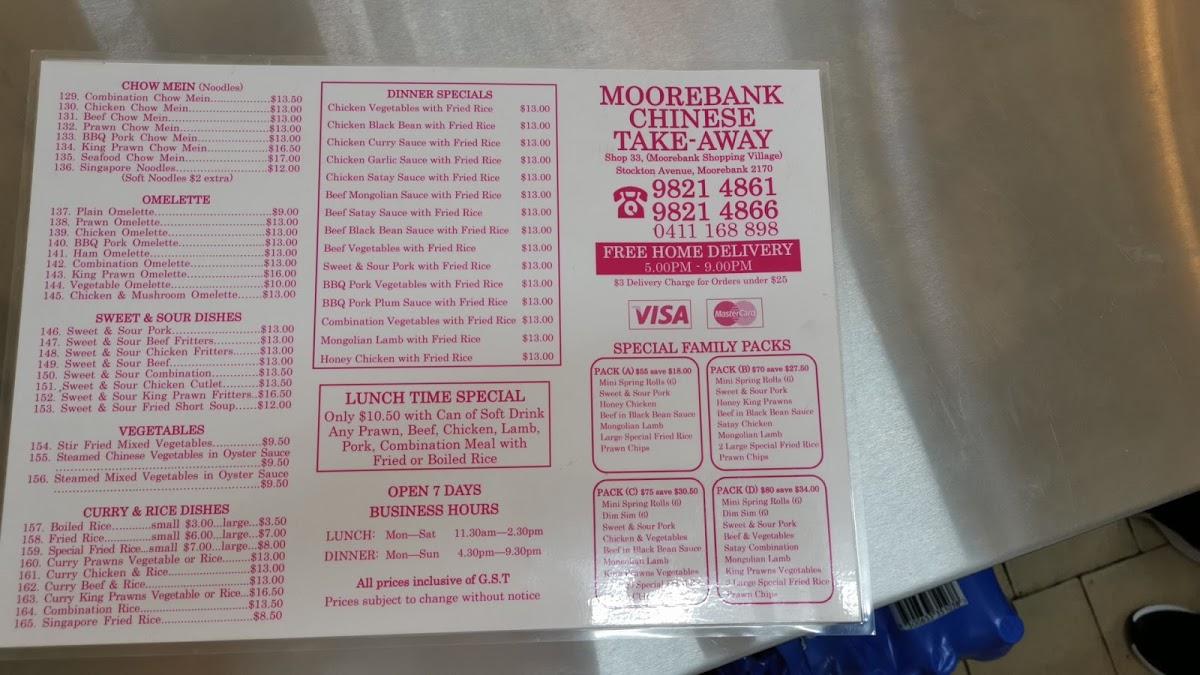 Menu at Moorebank Chinese Take Away Food restaurant, Moorebank