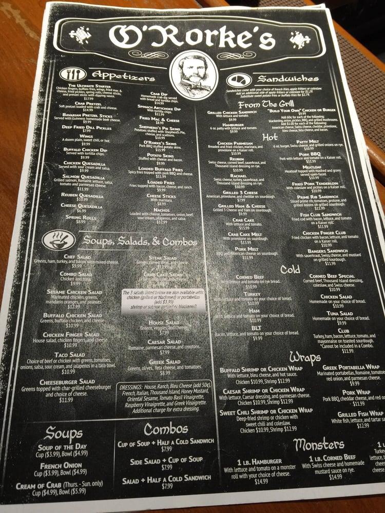 Menu at O'Rorke's Family Eatery pub & bar, Gettysburg