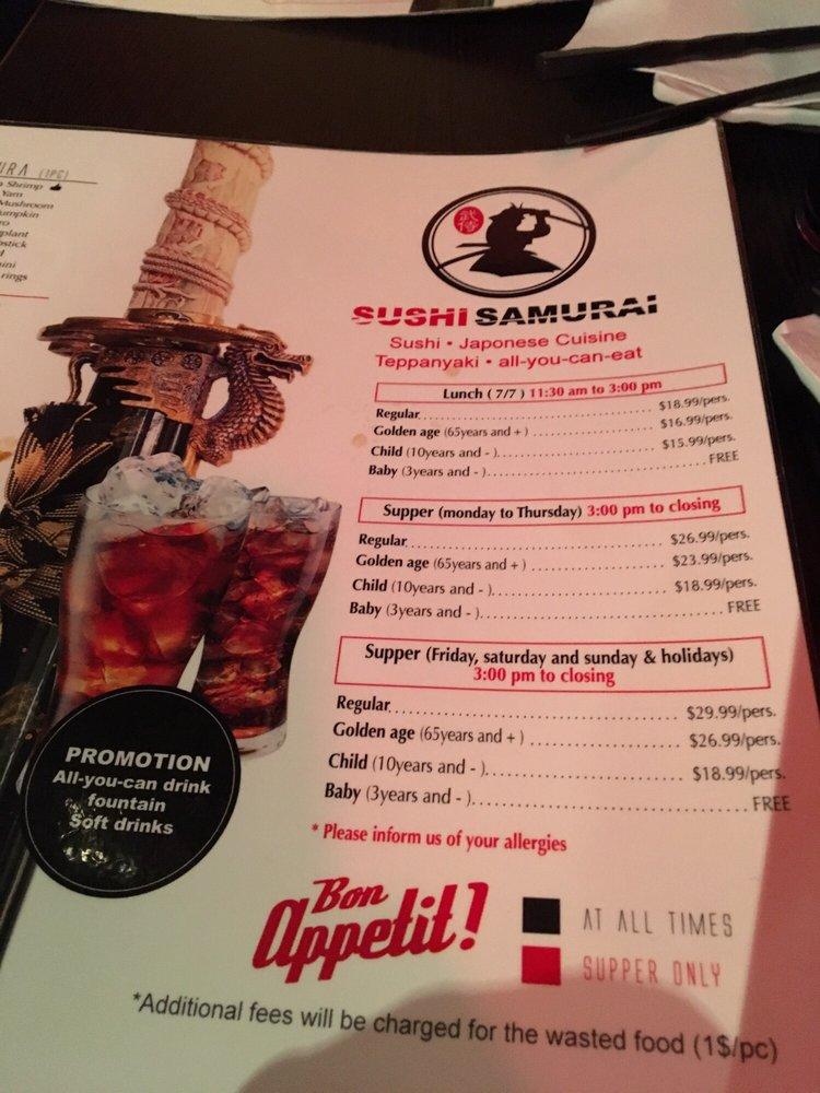 Menu at Sushi Samurai restaurant, Québec City