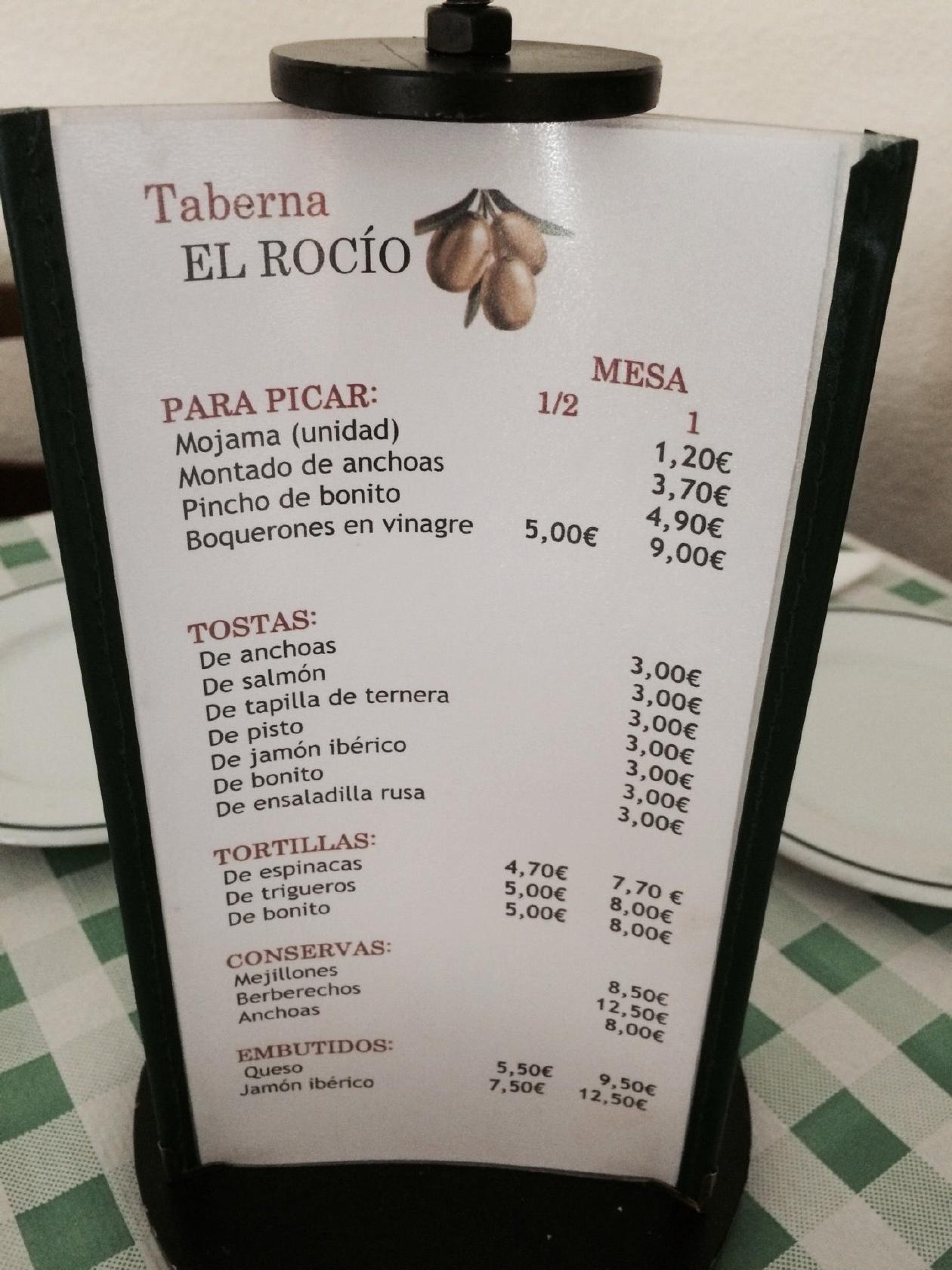Carta del restaurante El Rocio, Soto del Real