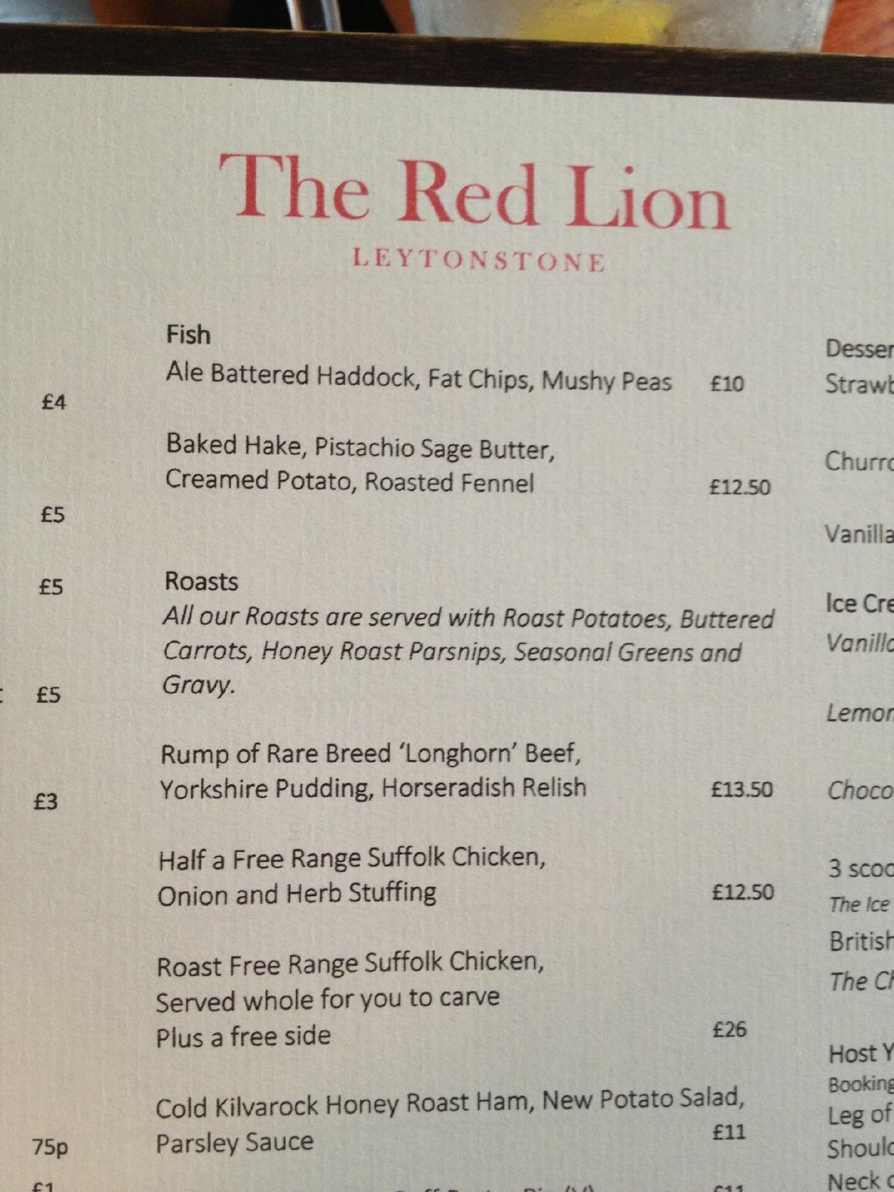 Menu at The Red Lion pub & bar, London, 640 High Rd Leytonstone