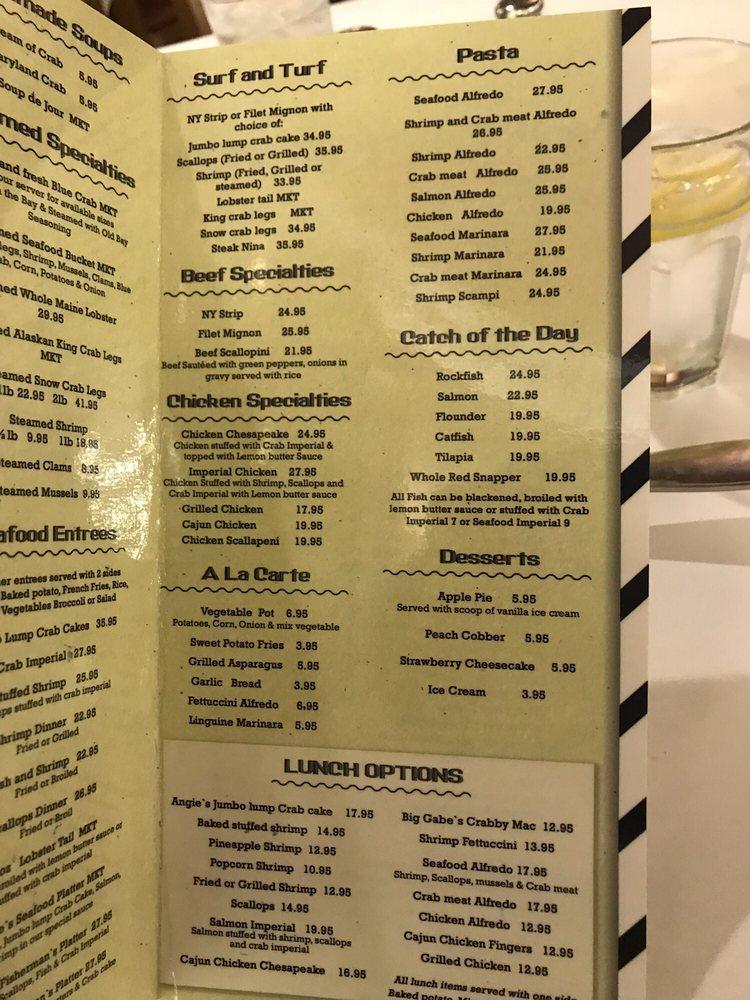 Menu at Angie's Seafood restaurant, Baltimore, E Pratt St