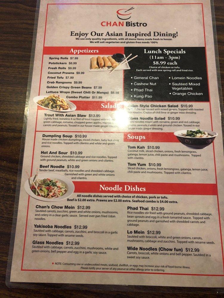 Menu at Chan Bistro restaurant, Spokane Valley