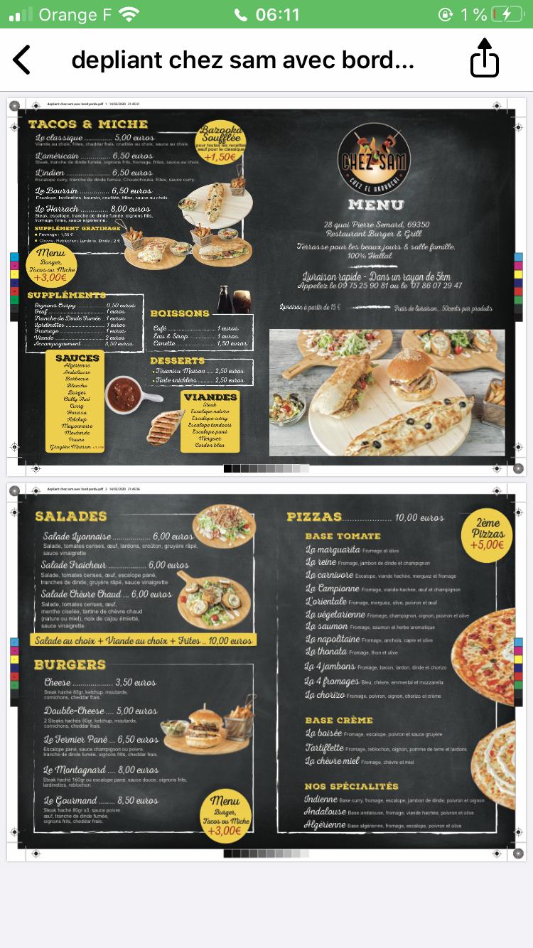 Menu at Chez sam restaurant, La Mulatière