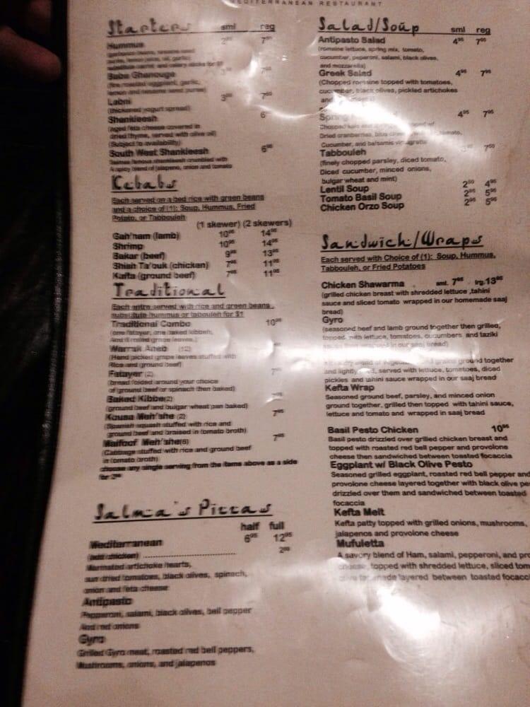 Menu at Farah's Mediterranean restaurant, El Paso