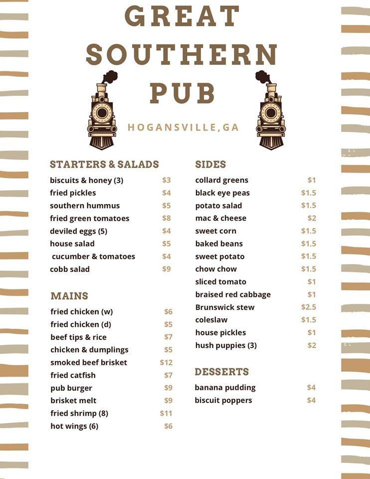 Menu at The Great Southern Pub, Hogansville