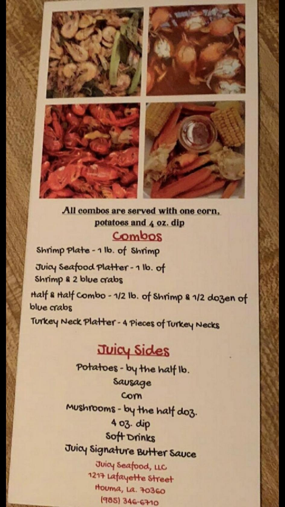 Menu at Juicy seafood restaurant, Houma