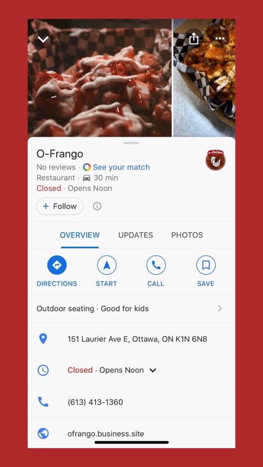 Menu at O-FRANGO restaurant, Ottawa, 151 Laurier Ave E